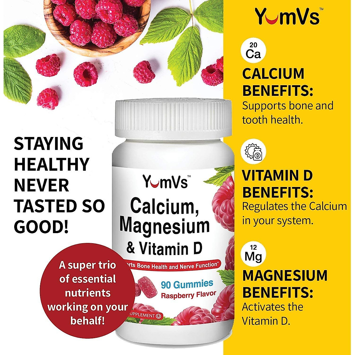 Yum-V Calcium, Magnesium, Vitamin D3 Gummies (90 Count) Vitamin Gummies for Women, Men & Kids - Calcium Supplement for Strong Bone Health - Gummy Vitamin D Calcium Chews - Certified Kosher - Pack Of 2