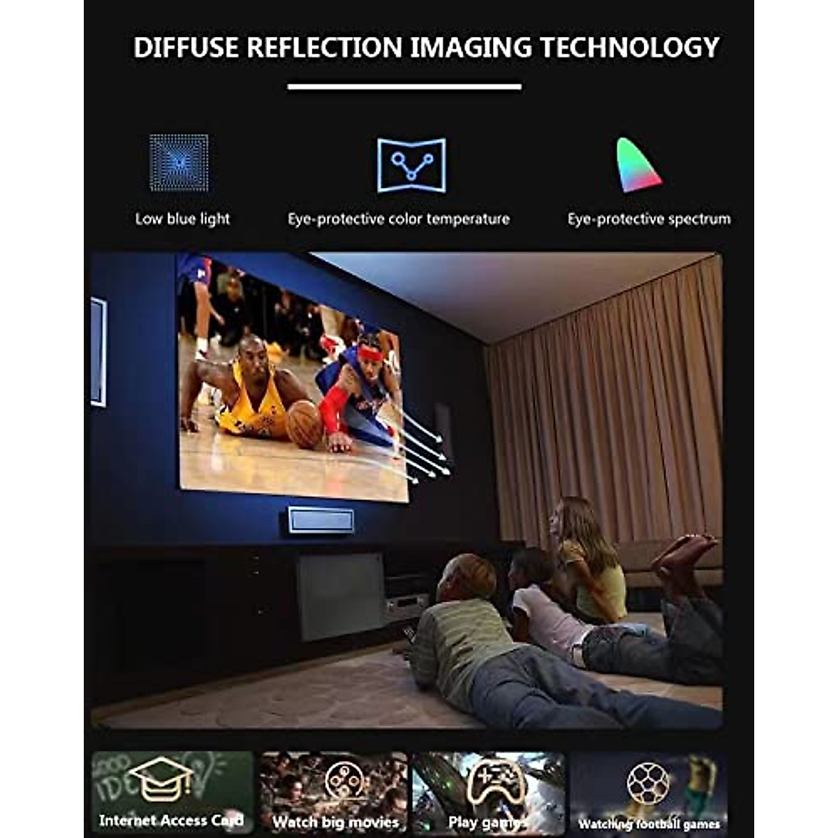 4k Projector HD 1200ANSI Portable Projector, 3D Projector All-in-one Lift, 300-inch Giant Screen Projector, Indoor and Outdoor use is Very Convenient (Space Gray)