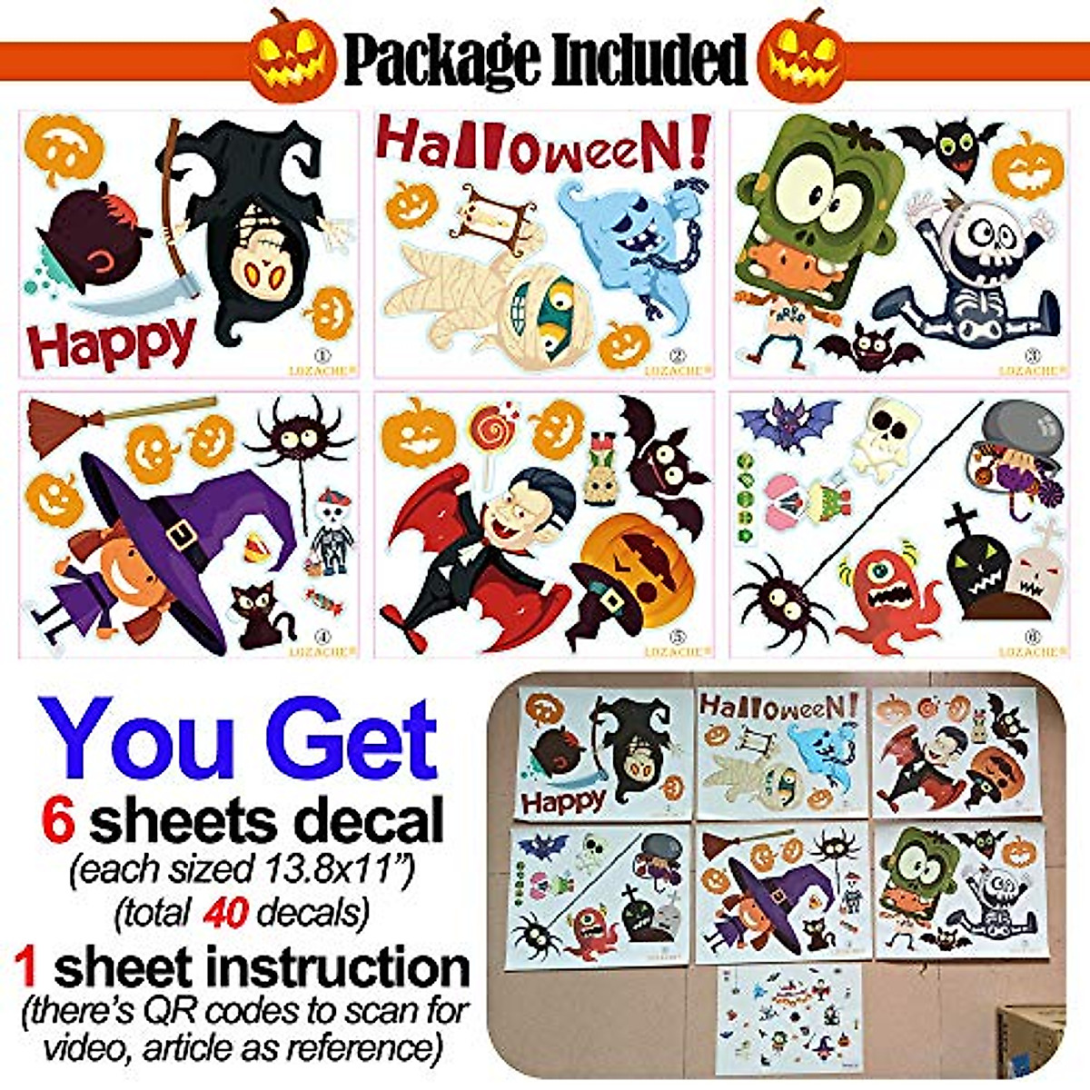 Happy Halloween Stickers Kids Bedroom Decor Indoor Outdoor Removable Wall Decals Window Art Decoration Vinyl Witch Bat Spider Vampire for Boys Girls Room