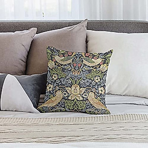 Nebra William Morris Strawberry Thief Original Throw Pillow Covers Cozy Square Throw Pillowcases Home Decor for Bed Couch Sofa Living Room Cushion Cover 18"X18"