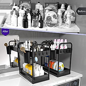 Flufymooz 2 Pack Under Sink Organizer, 2-Tier Sliding Storage Under Cabinet Kitchen Bathroom Drawer Organizer with Hooks Dividers Hanging Cups Handles Black Stable and Rust-Proof Under Sink Storage