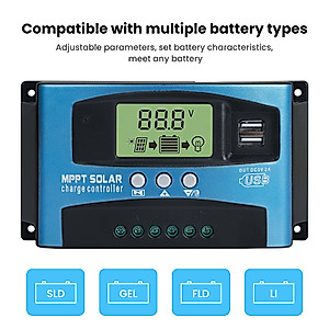 FellDen 50A MPPT Solar Charge Controller 12V/24V, Auto Focus Tracking Solar Panel Battery Regulator Dual USB Port Display Adjustable Parameter LCD Display Multiple Load Control Modes