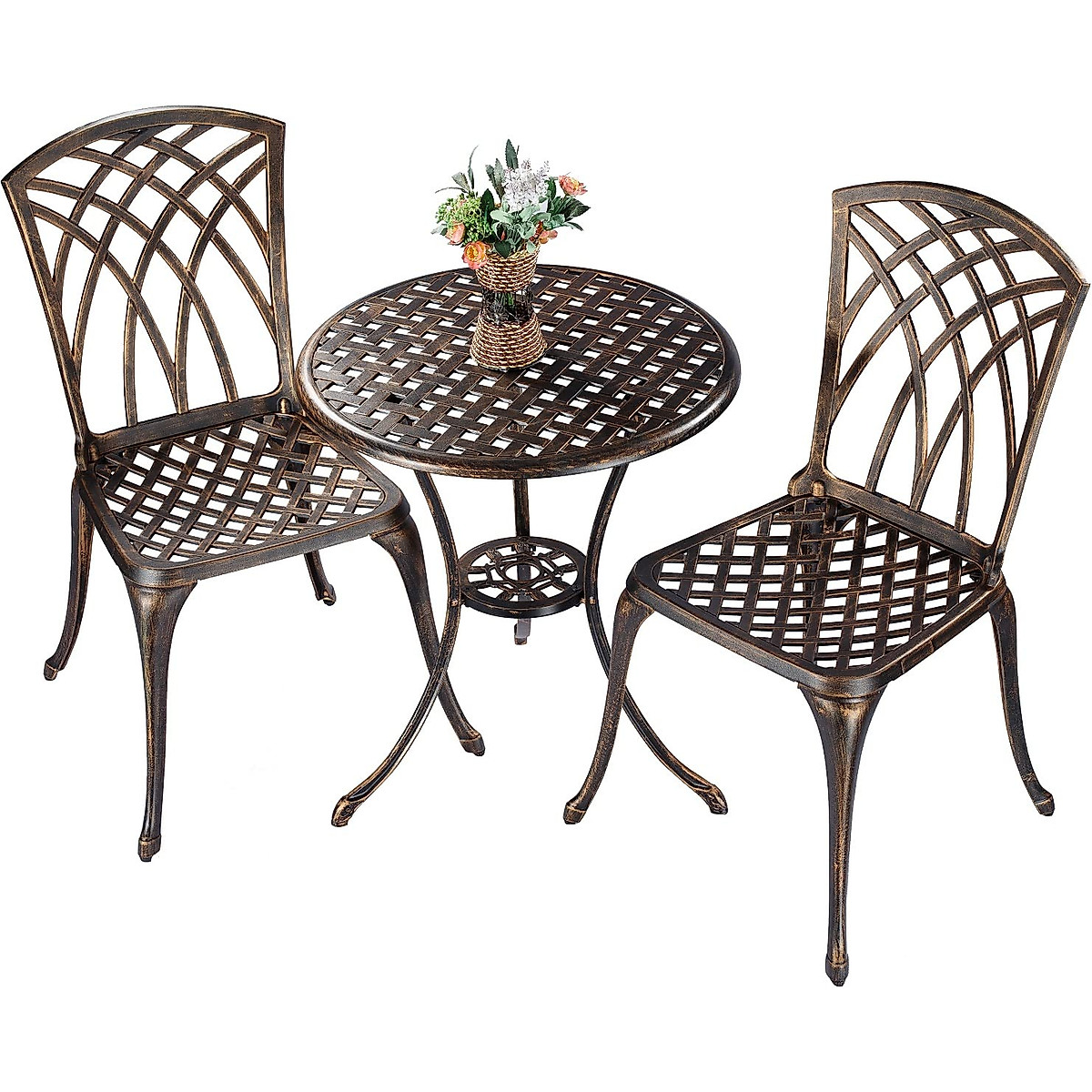 ZOTORUN Bistro Set 3 Piece Cast Aluminum Patio Furniture Sets 2 Chairs and 1 Round Table with Umbrella Hole for Outdoor, Patio Balcony, Bronze