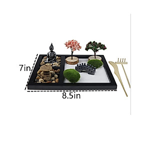 Japanese Zen Garden Desk with Rake, Stand, White Sand Artificial Bonsai Tree, Rock and Mini Buddha Statue. Meditation Zen Gift Kit, Home Desk Accessories-Meditation Gift