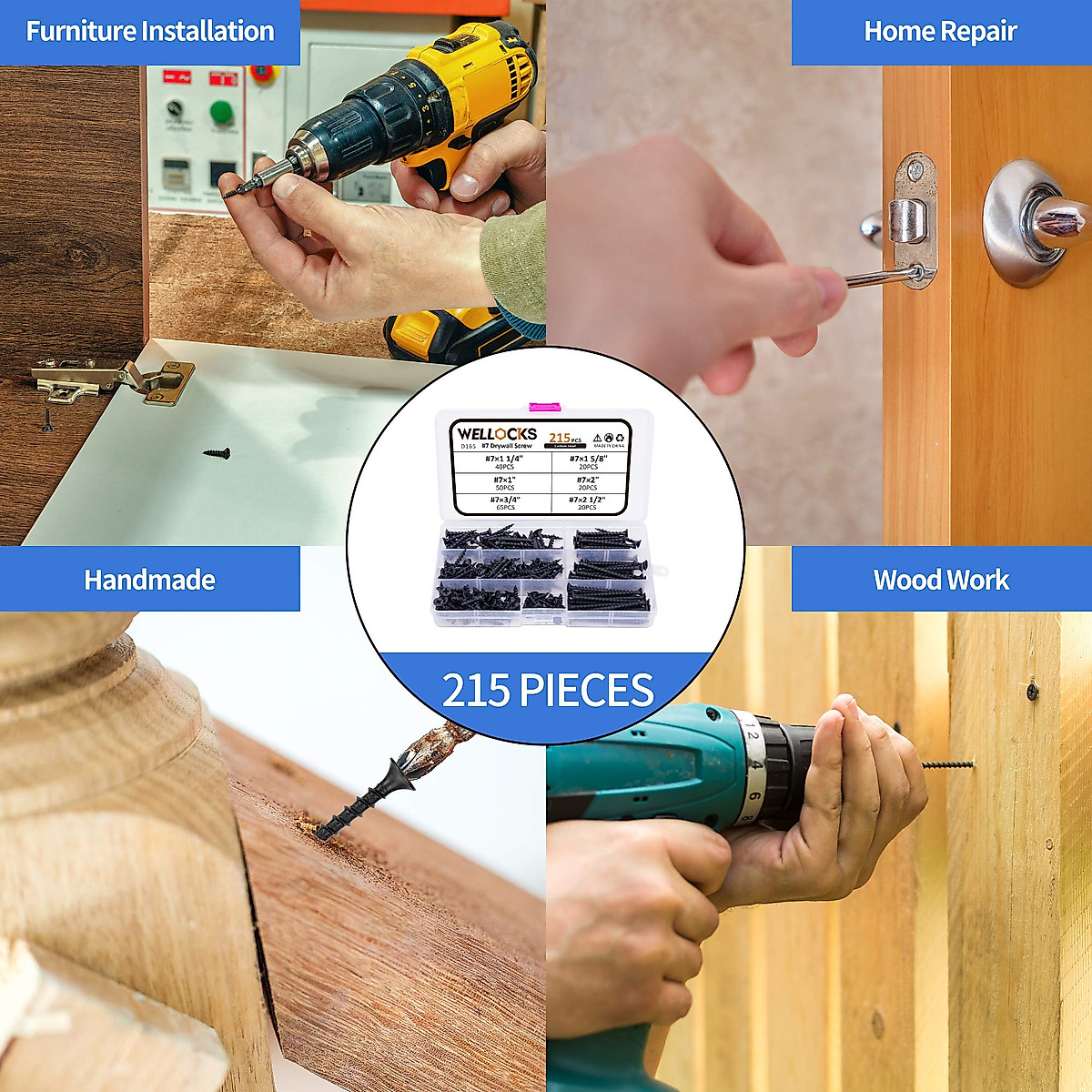 WELLOCKS Drywall Screws 215 PCS M4×25mm to 70mm Wood Screws Self Tapping Assortment Steel Black Bugle Head Coarse Phillips Sharp Point Fast Drilling for Home Handmade Repair Installation(D179)