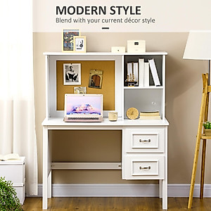 HOMCOM Computer Table with Storage Shelves, Home Office Desk with 2 Drawers, Cable Management Hole, Corkboard - White