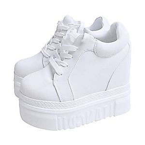 ACE SHOCK Women Fashion Platform Sneakers Wide Width High Hidden Heel Wedge Walking Shoes (7, Without Flower White)