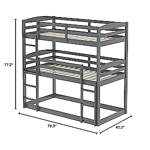PPHome Twin Over Twin Over Twin Triple Bunk Bed, Bed Frame with Full-Length Guardrail, Space-Saving Design, Built-in Ladder & Solid Slat Support for Kids Teens Bedroom, No Box Spring Needed, Grey