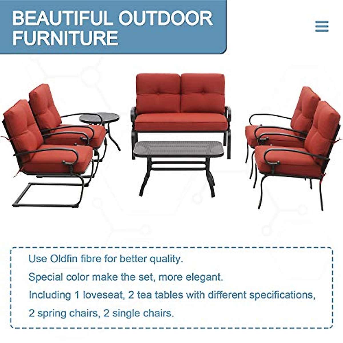 Oakmont 7-Piece Outdoor Metal Furniture Sets Patio Conversation Set Wrought Iron Loveseat, 2 Single Chairs, 2 Spring Chairs and Coffee Table, Red