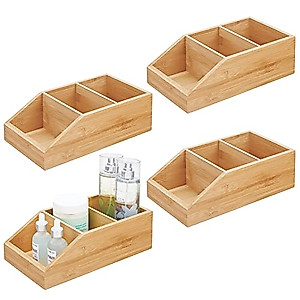 mDesign Bamboo Wood Compact Bathroom Storage Organizer Bin Box - 3 Divided Sections - Cabinets, Shelves, Countertops, Bedroom, Kitchen, Laundry Room, Closet, Garage, 4 Pack - Natural/Tan