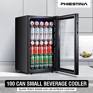 Phiestina Beverage Refrigerator and Cooler Freestanding Beer Cooler 100 cans Big Capacity Drinks Fridge with Interior Lighting Digital Touch Control Removable Shelves for Home/Bar/Office