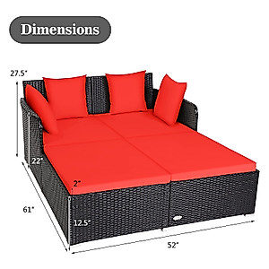 Salches, Outdoor Rattan Daybed, Patio Loveseat Sofa Set w/Comfortable Cushions, Extra Pillows & Metal Foot, Sunbed Wicker Furniture for Yard/Poolside/Living Room/Garden/Porch, Red