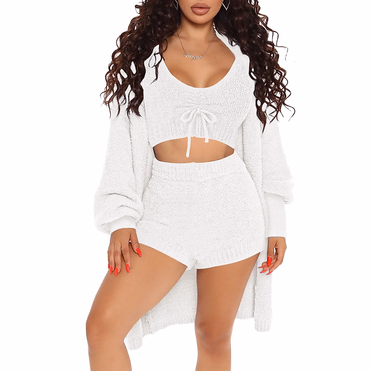 AOHITE Womens Sexy Fuzzy 3 Piece Cardigan Outfits Fleece Warm Crop Top Shorts Pajamas Loungewear Sets White Large