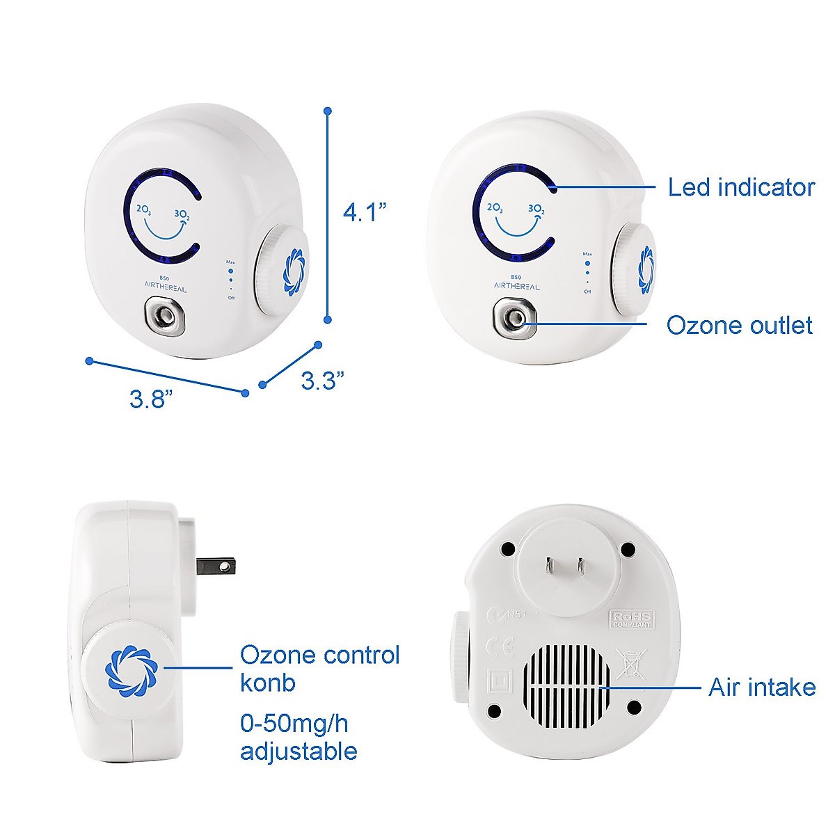 Airthereal B50 Mini Ozone Generator Air Purifier- Removes Odors and Sterilizes Air in Small Spaces Up To 320 Sq Ft - Plug in Mini Air Ionizer, Adjustable Ozone Output of 10-50 mg/h, 2-Pack