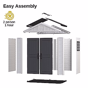 EAST OAK Outdoor Storage Shed, 7×4×8.2 FT Waterproof Resin Tool Shed with Window, 152Cu.ft Outside House Shed for Garden, Patio, Lawn Mower, Bikes