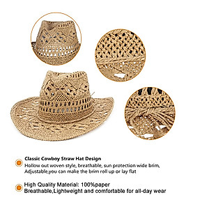GEMVIE Men & Women's Summer Cowboy Cowgirl Straw Hat Hollow Out Style Roll Up Brim Cowboy Sun Hat Coffee