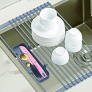 XL Extra Large Expandable Roll Up with Storage Basket 22.8" x 12.7" Over Sink Dish Drying Rack Multi-Purpose Kitchen Rolling Dish Drainer Foldable Stainless Steel Dish Drying Rack for Kitchen