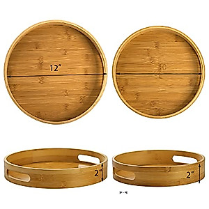 Jucoan 2 Pack Round Bamboo Wood Serving Tray with Handle, 10 &12 Inch Coffee Tea Serving Tray, Breakfast Food Drink Platter for Ottoman Table Kitchen