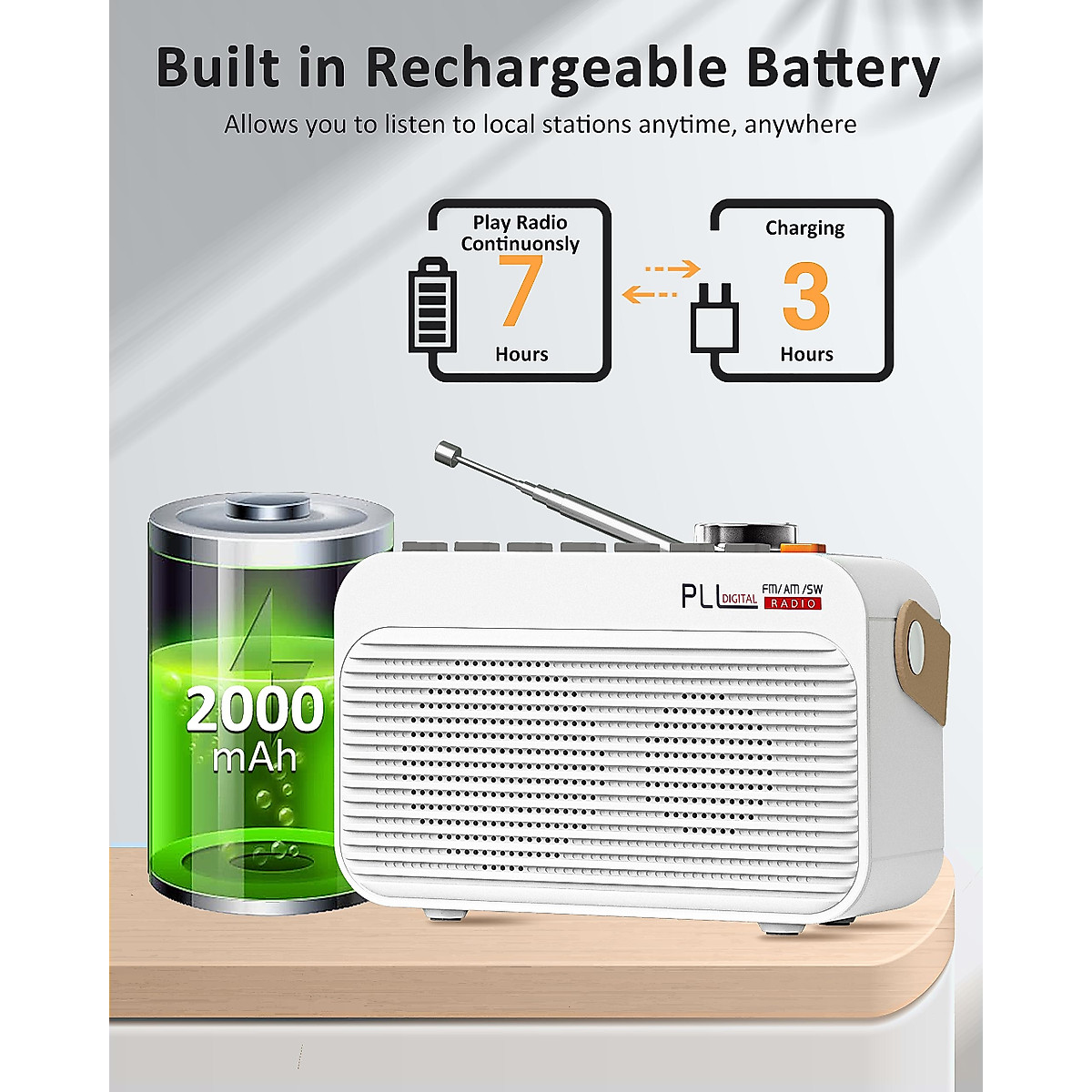 Greadio Portable Shortwave Radio with Bluetooth 5.0, Rechargeable AM FM Radio with Best Reception, TF/SD/USB Port,5W Loud Speaker,White Noise,Alarm Clock,LED Display,Earphone Jack,for Home,Office,Gift