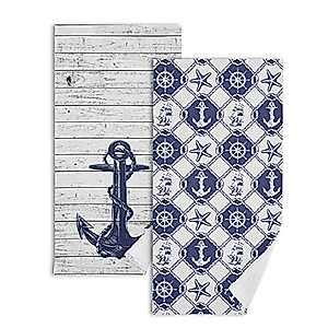 Nautical Sea Anchor Hand Towel Navy Blue Ship Boat Face Towel Set of 2, for Bathroom Kitchen Adult Man, Labor Day Columbus Day Gift