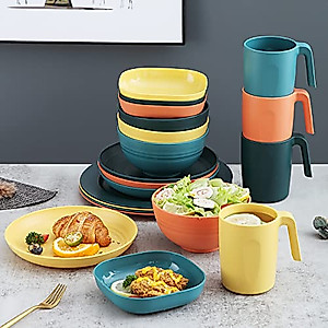 Kyraton Plastic Dinnerware Sets of 20 Pieces, Unbreakable And Reusable Light Weight Plates Mugs Bowls Dishes Easy to Carry And Clean Microwave Safe BPA Free Dishwasher Safe Service For 4 (Mutil Color)