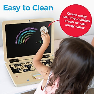 Wooden Computer Pretend Play Set - Pretend Laptop Toy for Kids, Toddlers - Montessori Learning Board for Kids (Ages 2-8) - 41 Magnetic Keys, Chalk Box, Portable Drawing & Writing Board | 11.5 x 8.5