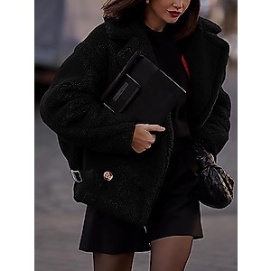 PRETTYGARDEN Womens 2023 Winter Fashion Sherpa Coats Lapel Fleece Jacket Long Sleeve Pockets Faux Fur Dressy Fall Outfits (Black,Small)