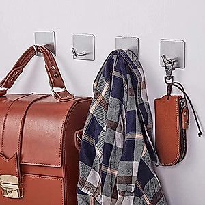 TKMENGY Self Adhesive Hooks, Stick on Hooks Holder for Tea Towel Robe Coat Kitchen Bathrooms,Stainless Steel Sticky Wall Hooks,Waterproof and Rustproof, 4 Pack (Silver)