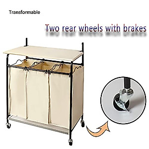 Laundry Sorter Cart with Ironing Board 3-Section Laundry Hamper and Hanging Bar Clothes Rack Heavy-Duty Rolling Laundry Cart with 3 Removable Bags