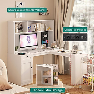 Home Office L Shaped Desk with Hutch, Drawers & Bookshelf and LED Light, Wood Computer Desk with Charger, Corner Desk Study Table Writing Desk, Gaming Computer Desk for Study Room, White