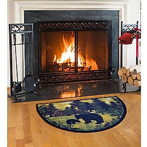 Cozy Floor Mats Hearth Rug for Fireplace, Bear & Cub, Non Slip Kitchen Mat, Green Black Gold Cream, Half Circle, Fire Resistant, Nature, Half Round, Heat Resistant, Cabin Rug (26"x 39")