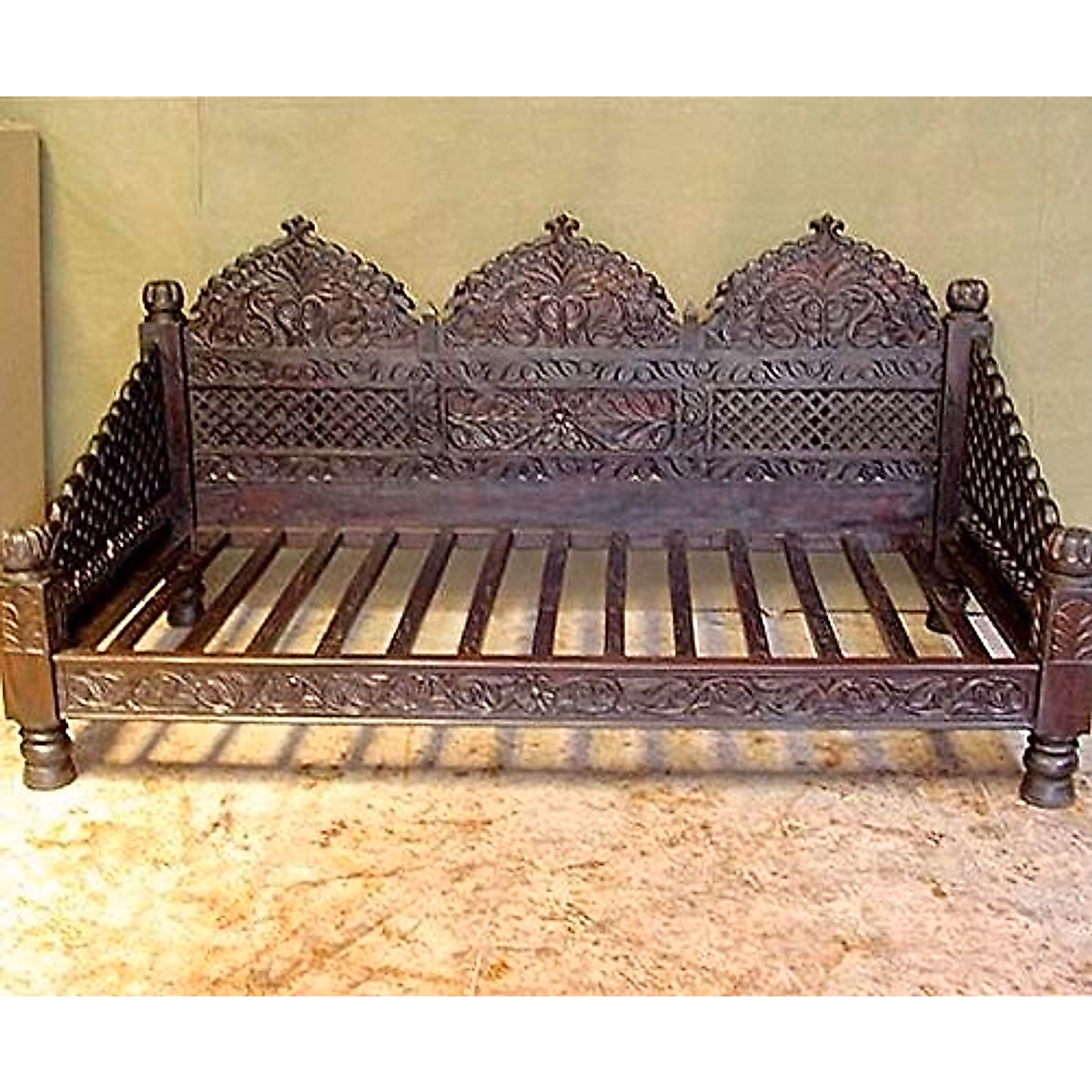 Worldcraft Industries Carved Arch DayBed. Medium Antique Finish. Twin XL Size. Handmade from Solid Mahogany Wood. Designed, Produced and Imported Indian Inspired Day Bed Sofa.