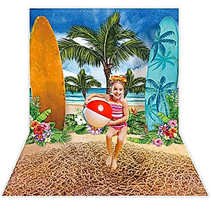 Allenjoy Summer Beach Ocean Backdrops for Photography Blue Sky Seaside Surfboard Background Tropical Palm Trees Kids Girls 1st Birthday Party Decor Banner Baby Shower 5x7ft Photoshoot Photo Booth Prop