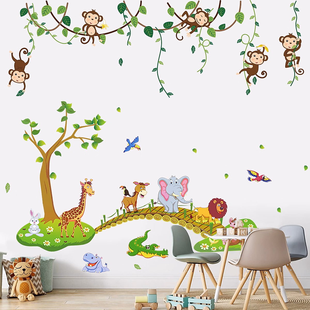 decalmile Jungle Animal Wall Stickers Bundle with Safari Monkey Wall Decals Kids Bedroom Nursery Classroom Wall Decor
