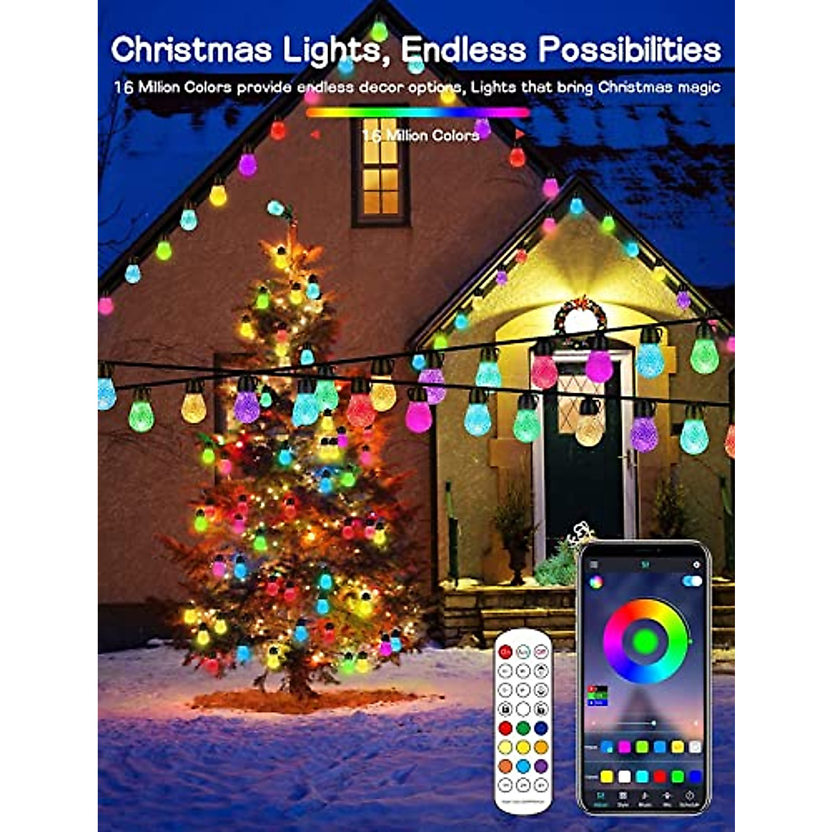 YSJ 49ft Outdoor String Lights for Outside, RGBW Patio Lights with App and Remote Control, IP66 Waterproof, Shatterproof, 8 Scene Modes, with 15 Dimmable LED Bulbs for Balcony, Cafe, Backyard, Garden