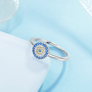 8mm Round Blue Evil Eye Band Ring in Sterling Silver 925 with Cubic Zirconia[Size 6]