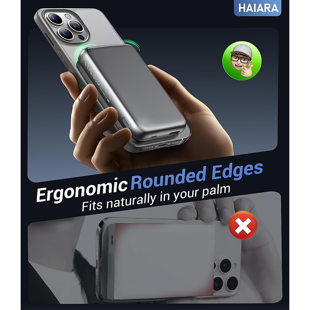 HAIARA for Magsafe Battery Pack, 10000mAh Magnetic Portable Charger with USB C Cable 20W PD Fast Charging, Slim & Lightweight Wireless Power Bank for iPhone 16/15/14/13/12 Series - Sky Grey