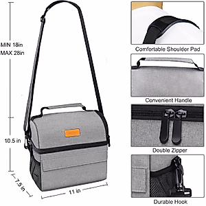 Naukay Lunch Box for Men Women, Dual Compartment Lunch Bag, Reusable Insulated Lunch Bags Large Lunch Box Cooler Tote Bags with Adjustable Shoulder Strap for Office Work Picnic Hiking Fishing, Grey