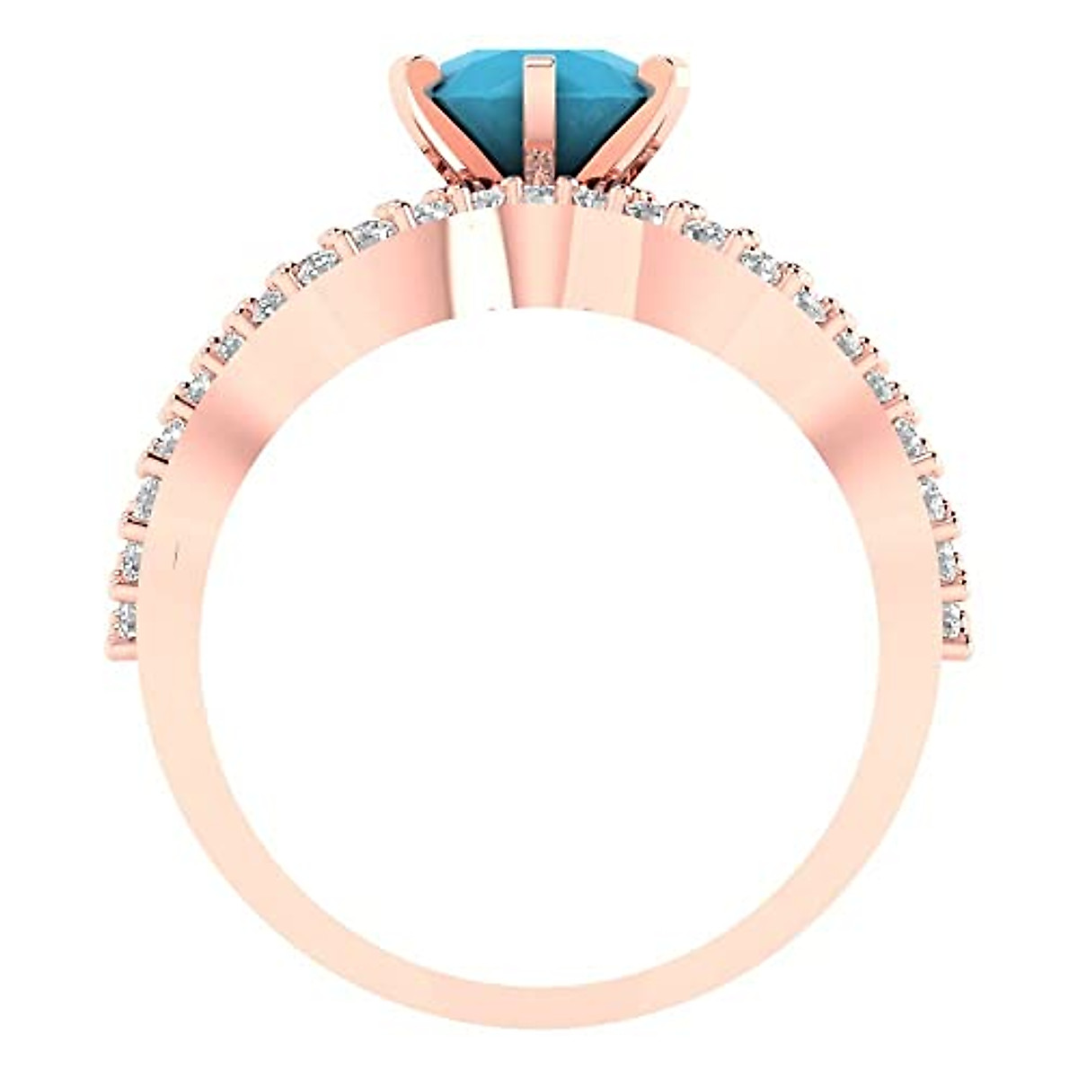 Clara Pucci 1.65ct Round Cut Laser Engraving Halo Split Shank Turquoise Designer Statement Curved Ring Band Set 18K Rose Gold Size 3.5