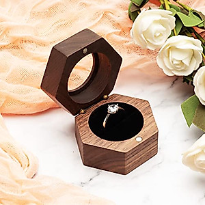 COSISO Hexagon Wooden Ring Gift Box Case for Proposal Engagement,Single Ring Holder Storage Box Jewelry Display (Black Inner)