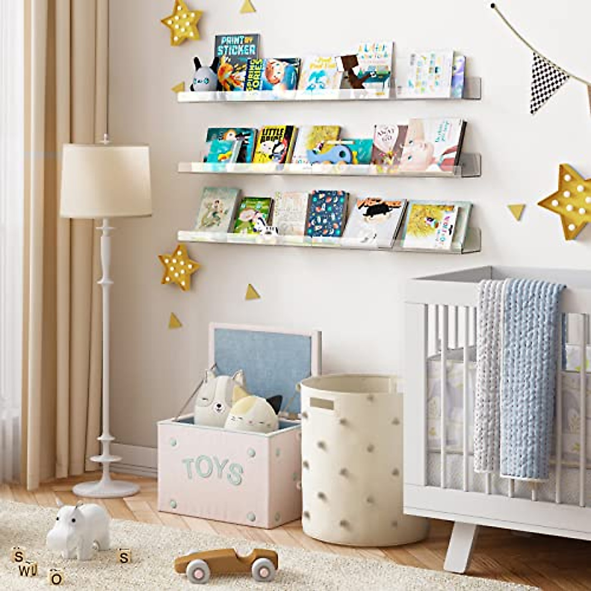 Fixwal Acrylic Shelves, 15 Inch Floating Wall Mounted Shelves, Clear Funko Pop Display Case, Invisible Bookshelf, Wall Decor for Kids and Bathroom Storage, Set of 6