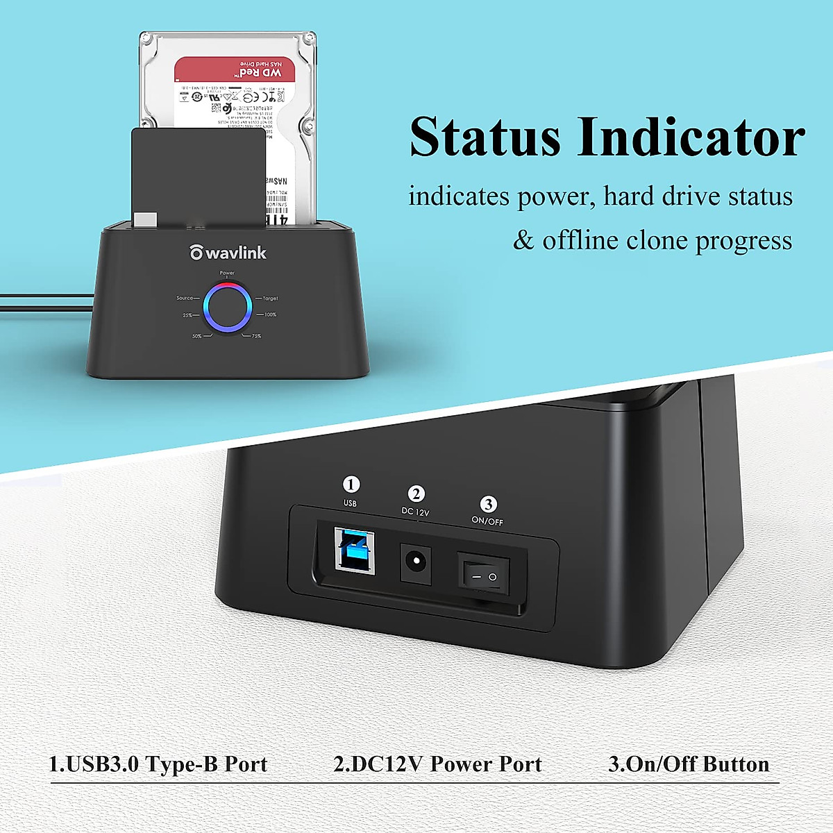 WAVLINK Dual Bay Hard Drive Docking Station, USB 3.0 to SATA Hard Drive Dock for 2.5/3.5 inch HDD/SSD with Offline Clone Function, USB A to USB C Converter, Support UASP and 2x16TB with Power Adapter
