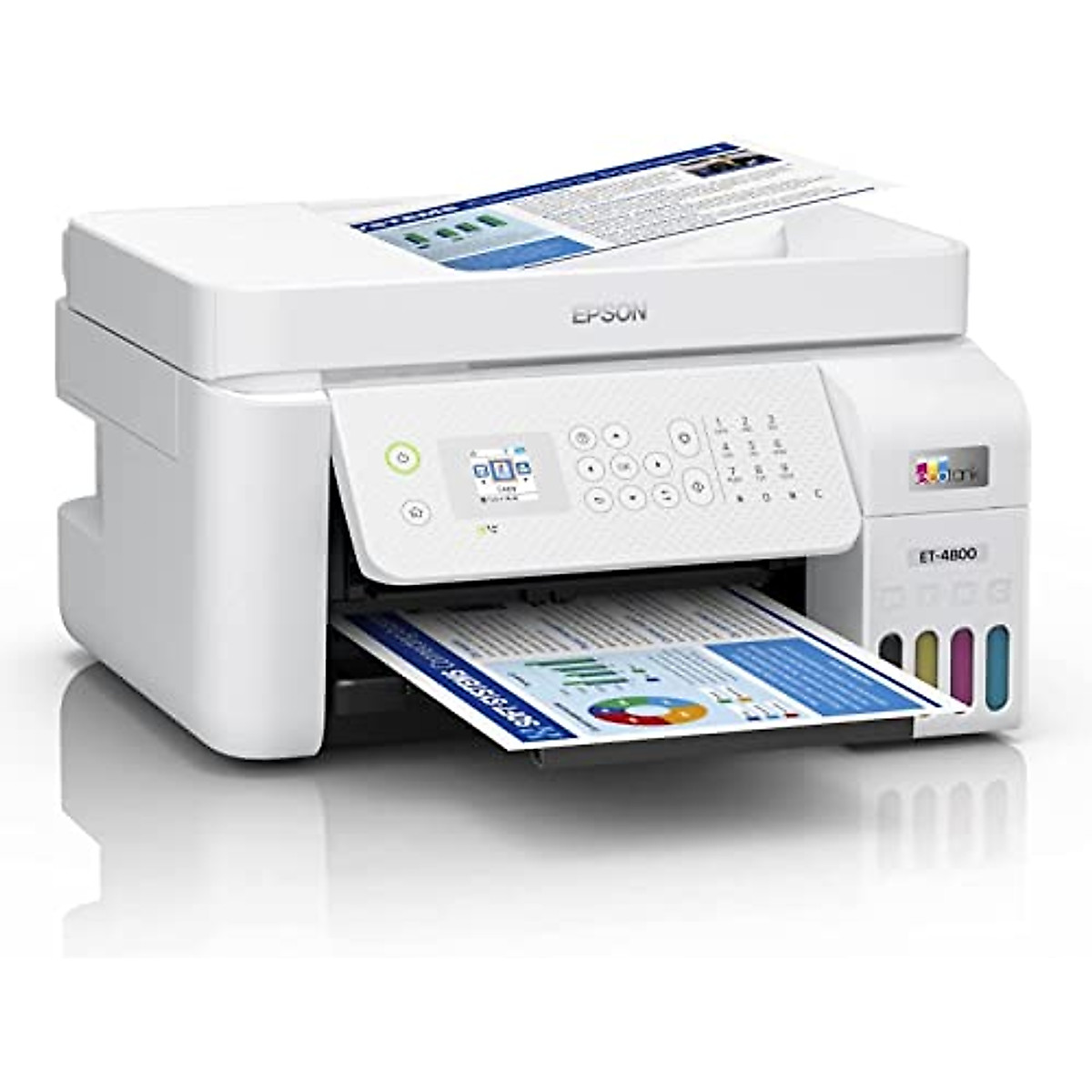 Epson EcoTank ET-4800 Wireless All-in-One Supertank Color Inkjet Printer Office, White - Print Copy Scan Fax - 10.0 ppm, 5760 x 1440 dpi, 8.5" x 14", Voice Activated, 30-Sheet ADF, Ethernet