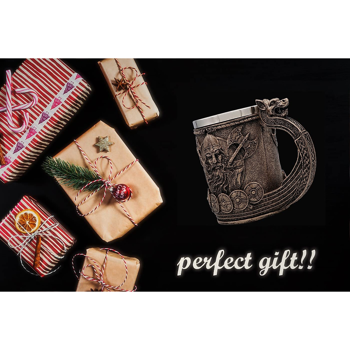 WOKHACH Medieval Viking Mug Beer Stein Tankard,Stainless Steel Drinking Tankard Mug Coffee Cup,Norse Mythology Poetic Gothic Decor Party Decoration Drinkware Gift for Men18OZ(Drakkar Warrior)