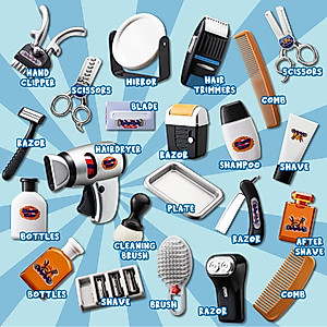 JOYIN 23Pcs Pretend Play Shaving & Grooming Kit for Kid, Boy Girl Barber Set w/ Storage Box, Toddler Hair Cutting Playset w/ Shaver, Scissors, Dryer, Razors for Boys Birthday, Presents Toys