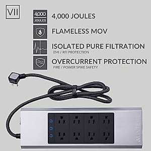Austere VII Series Surge Protector Power Strip, 8 Wide Outlets, 3 USB C and 2 USB A 2.4 amp Ports, 45W Power Delivery | 4000 Joules Heavy Duty, EMI/RFI Filtering, 7 Year Component Guarantee