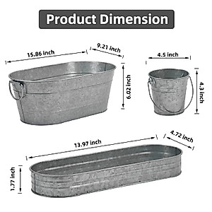 Oval Ice Bucket with 3 Serve Buckets Set-Condiments, Nuts, Ice Cream, Snacks, Galvanized Metal Drink Cooler Beverage Tub, Chill Wine & Beer, 2.4 for Home Parties Gallons, Galvanized