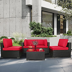LAZYLAND Wicker Patio Furniture Sets 5 Piece Outdoor Sectional Rattan Sofa Set, Conversation Sets Patio Furniture with Cushions and 1 Tempered Glass Tea Table for Backyard Garden Balcony (Orange)