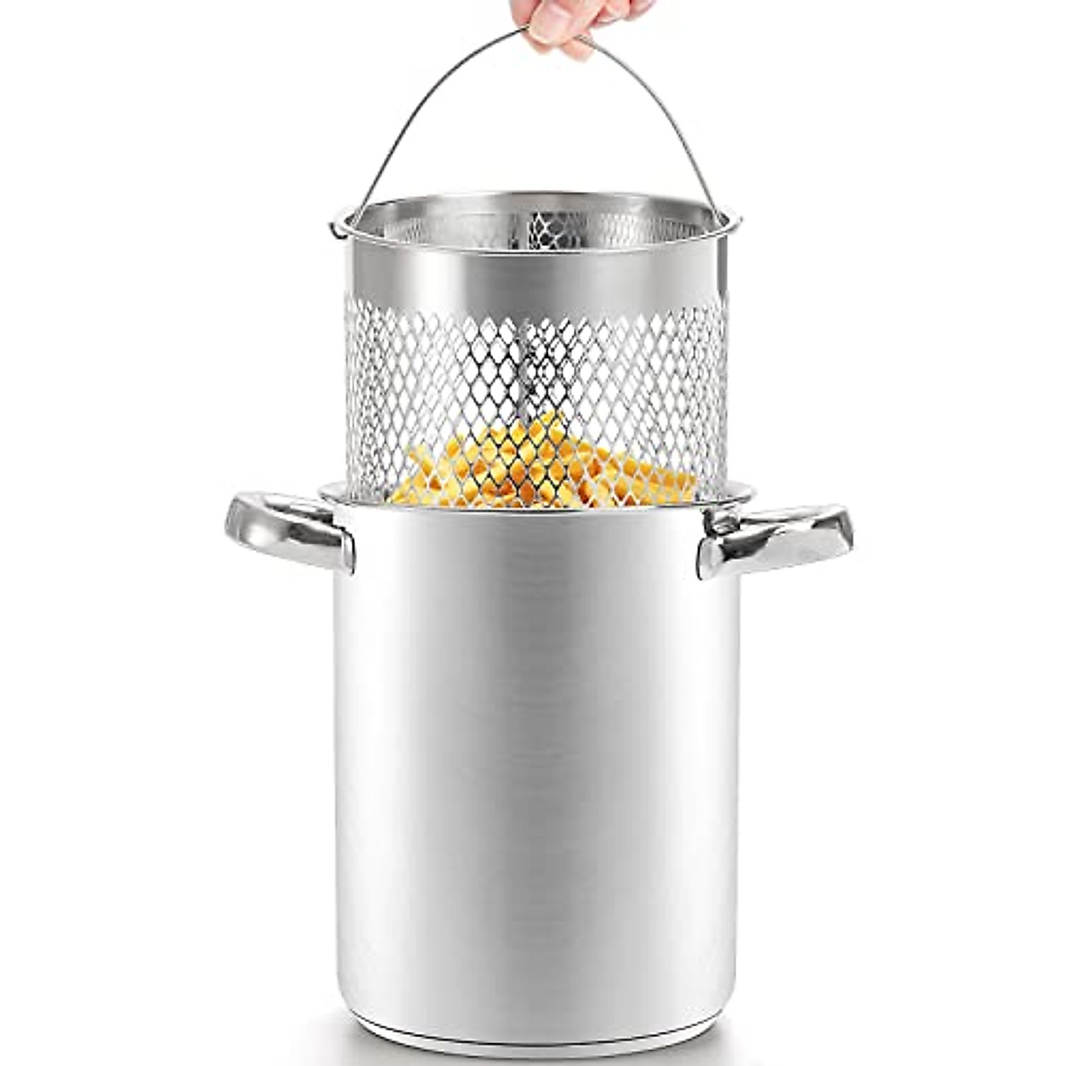 AVLA Asparagus Pot, 4 Quart Stainless Steel Steamer Cooker, Vegetable Asparagus Cooker with Removable Basket and Lid for Pasta, Spaghetti, Boiled Eggs, Shrimp, Oil Deep Fry Pan for French Fries