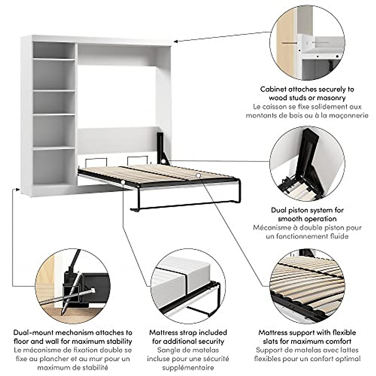 Bestar Pur Full Murphy Bed with Shelving Unit, 84-inch Space-Saving Wall Bed for Multipurpose Room